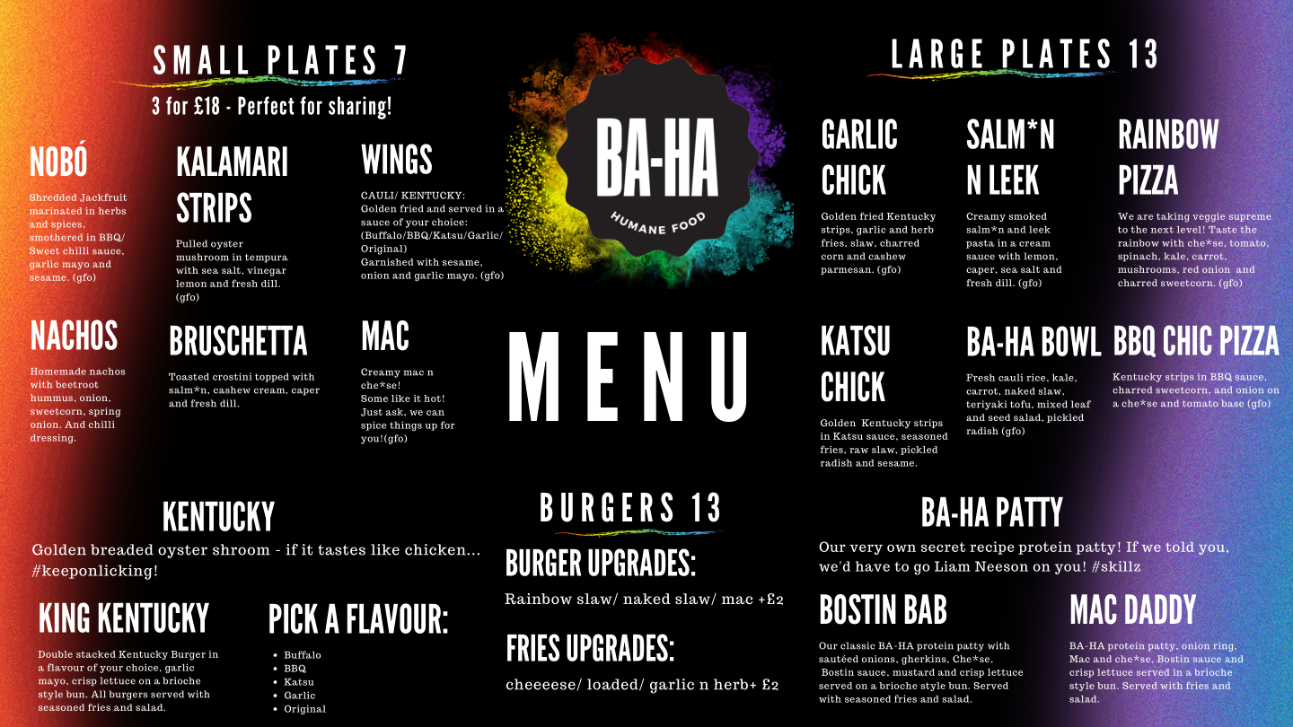 BA-HA at The Rainbow | Menus - Small plates - Mains - Burgers - Sides ...