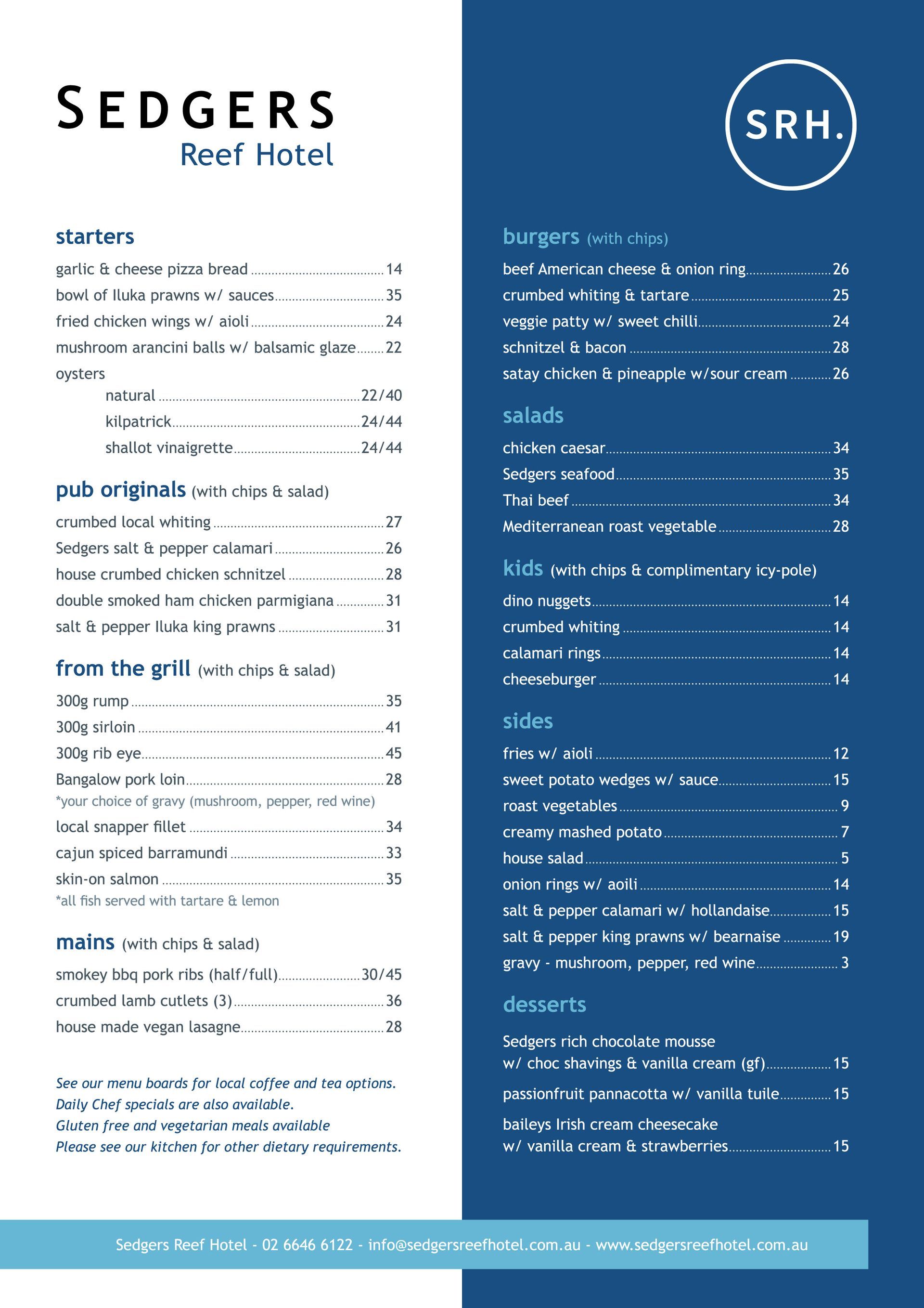 Menu | Sedgers Reef Hotel