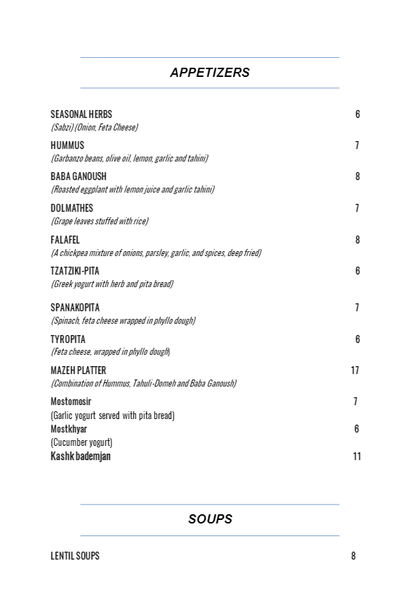 Shandiz Mediterranean Bar & Grill Persian & Greek Cuisine