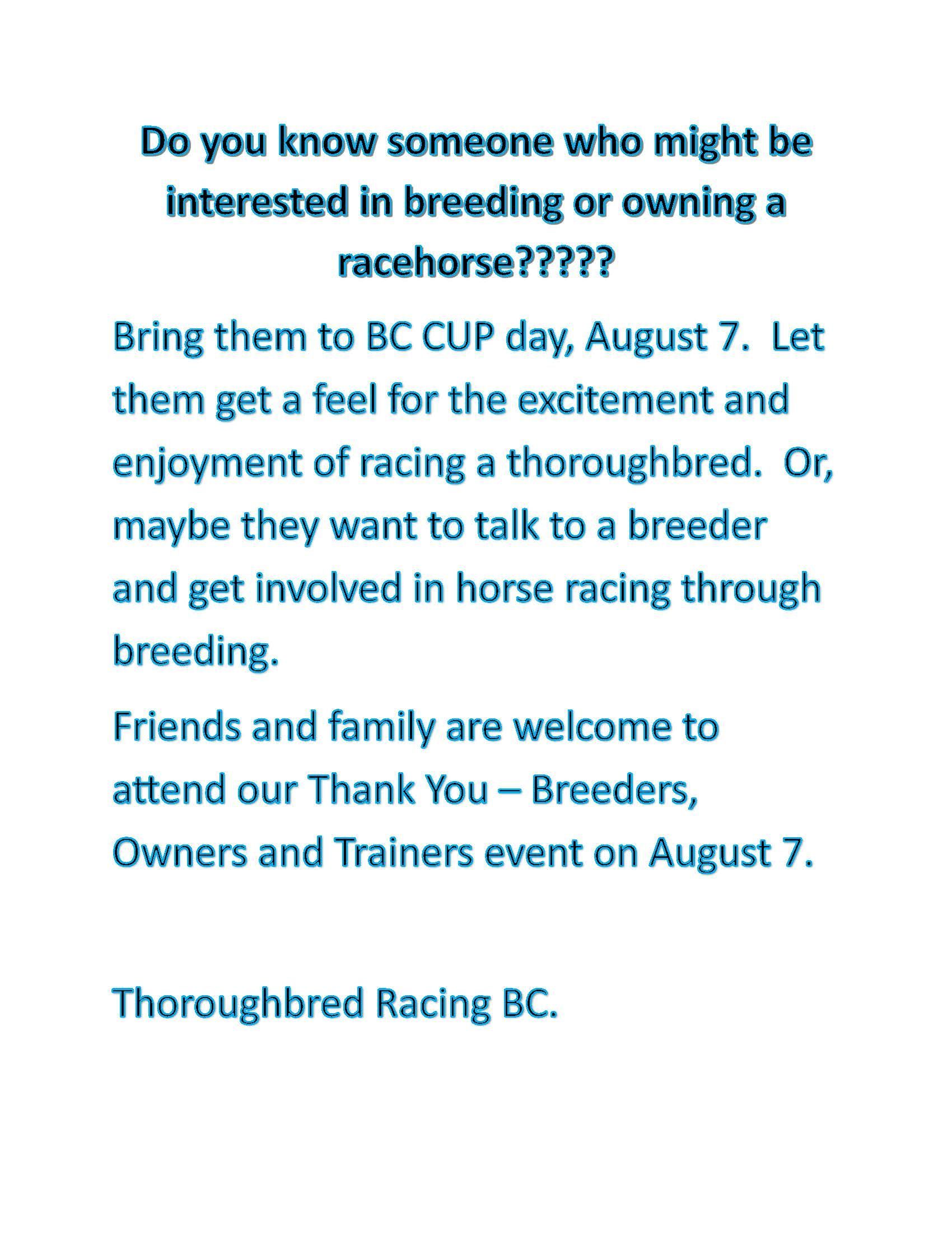 Special Get Together for Breeders, Owners and Trainers on BC Cup Day