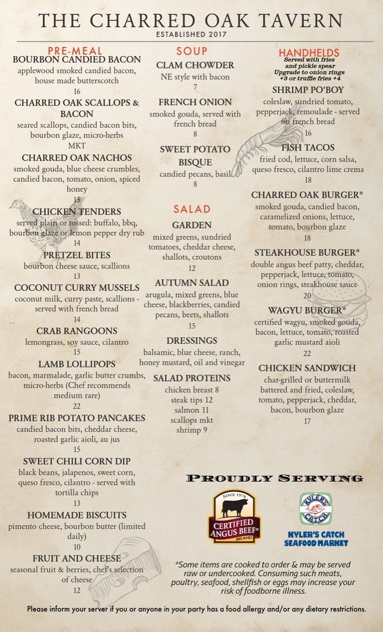 Menu | Middleboro, MA | The Charred Oak Tavern