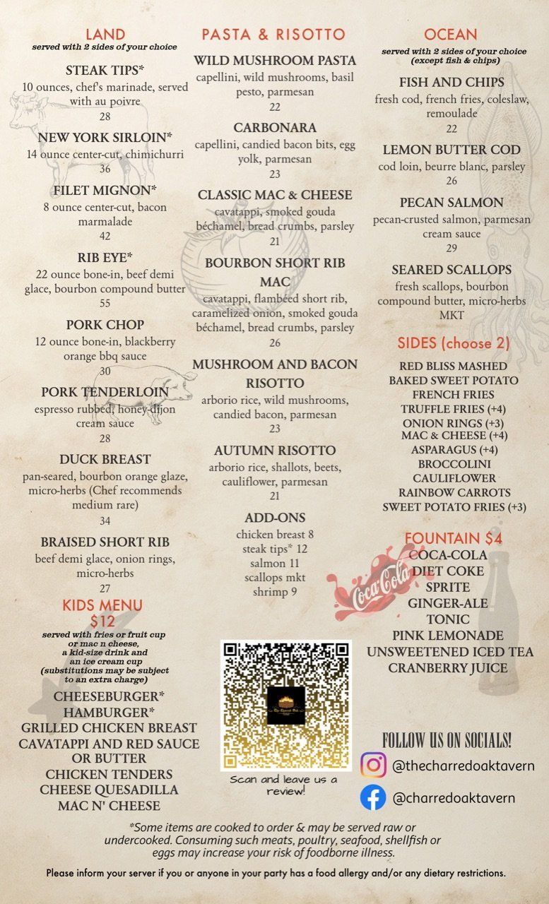 Menu | Middleboro, MA | The Charred Oak Tavern