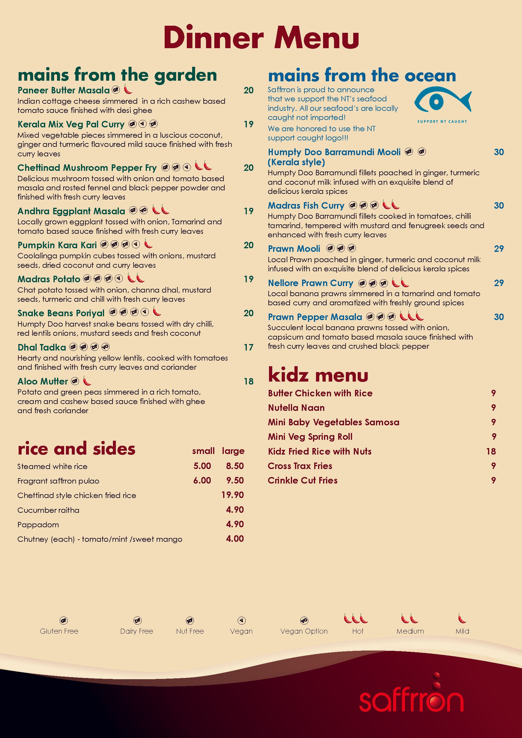 Dinner menu | Saffrron Restaurant