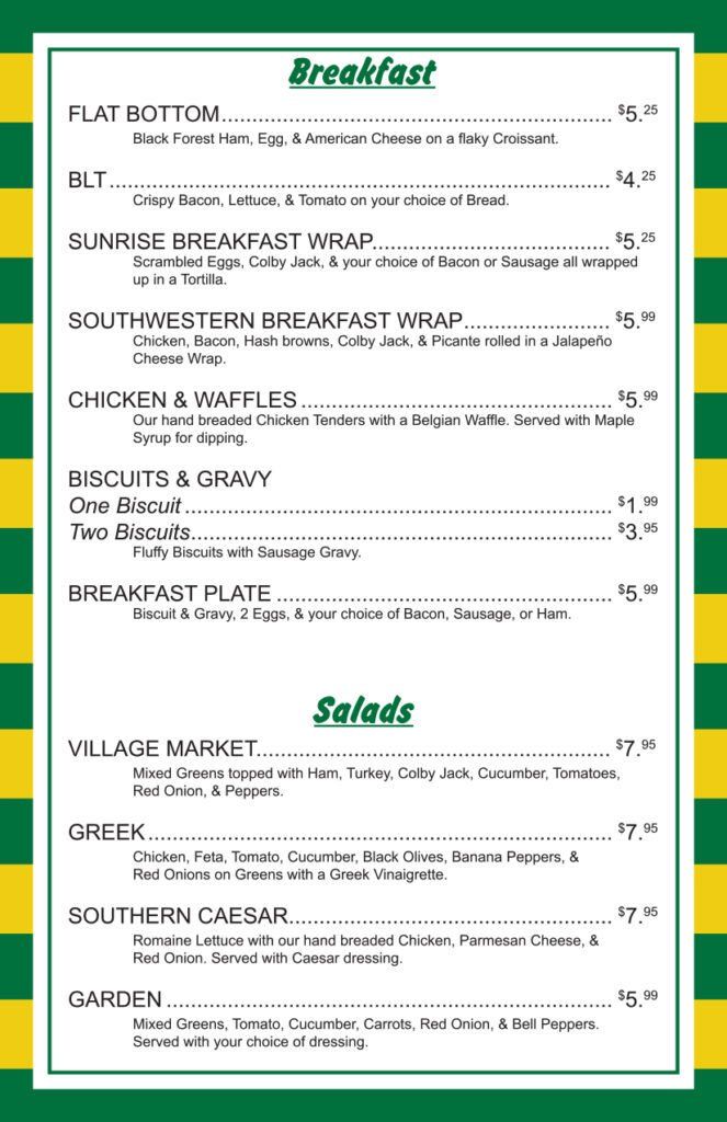 Village Market & Cafe - Cafe Menu