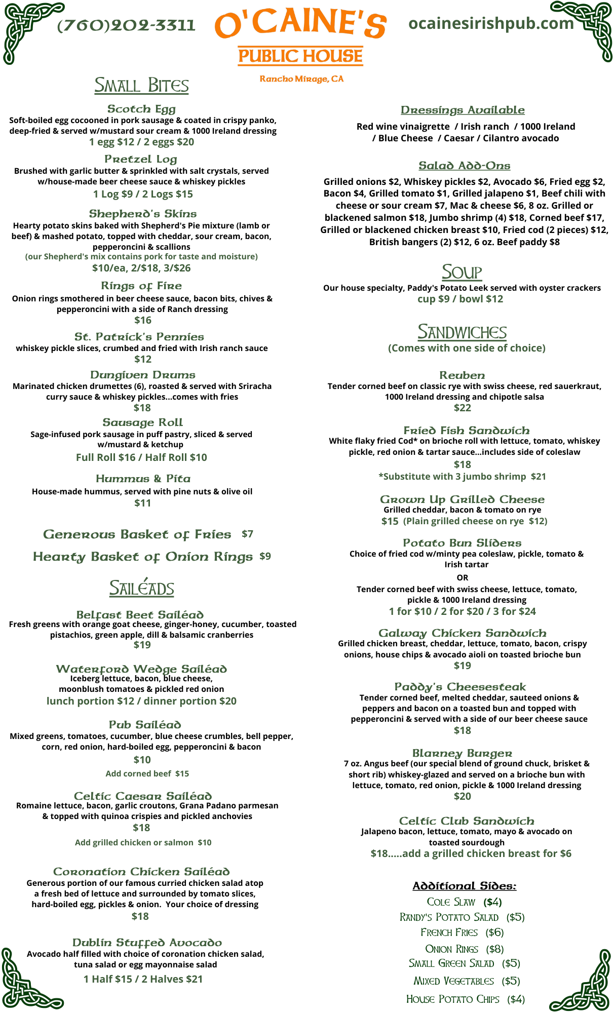 Food Menu | Rancho Mirage, CA | O'Caines's Irish Pub