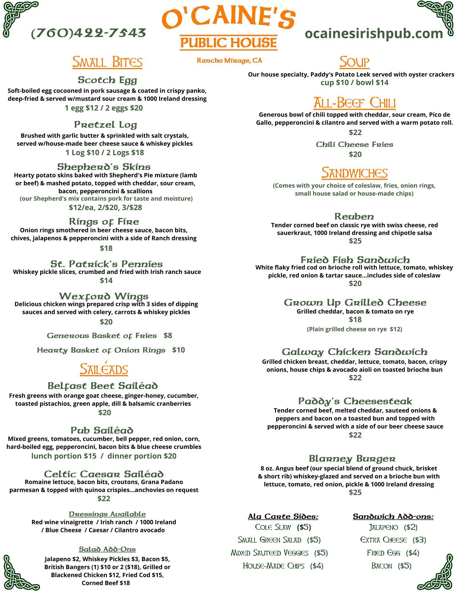 Food Menu | Rancho Mirage, CA | O'Caines's Irish Pub