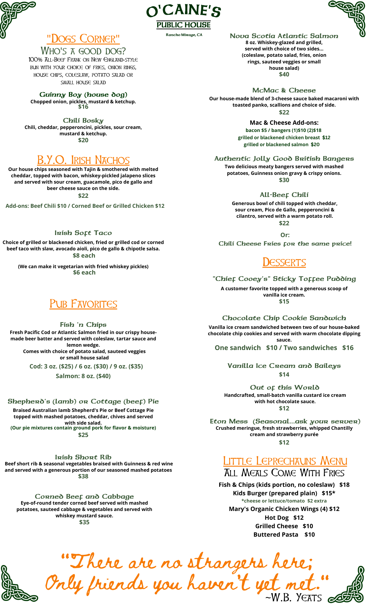 Food Menu | Rancho Mirage, CA | O'Caines's Irish Pub