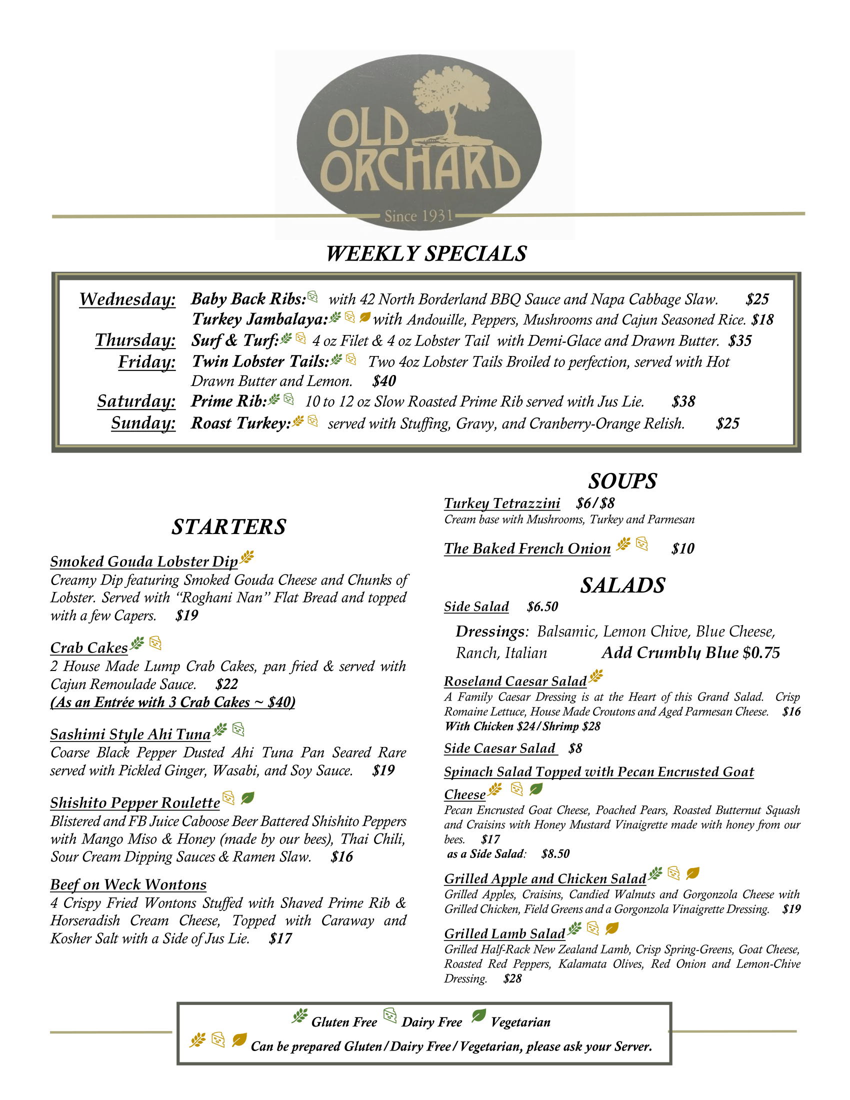 Our Menu | Old Orchard Inn | East Aurora, Alden, Buffalo & Hamburg, NY