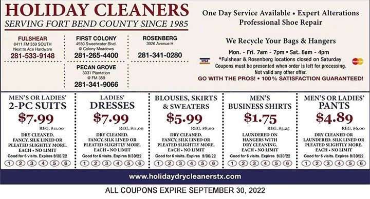 Special Offers | Sugar Land & Richmond, TX | Holiday Dry Cleaners