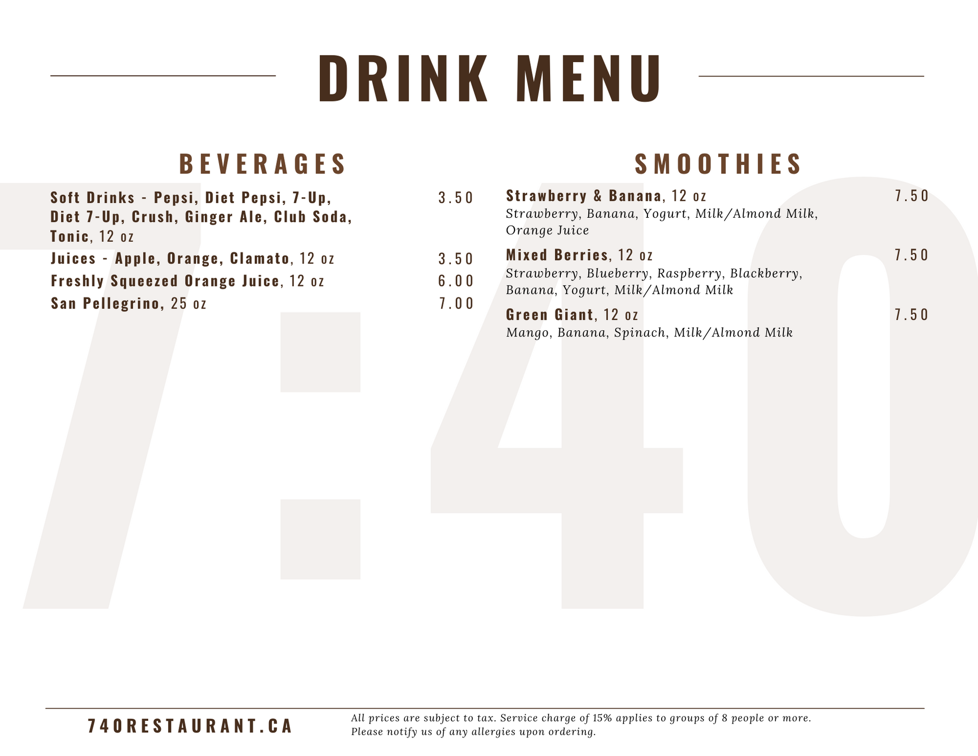 7:40 Restaurant | Hammonds Plains, NS | Menu