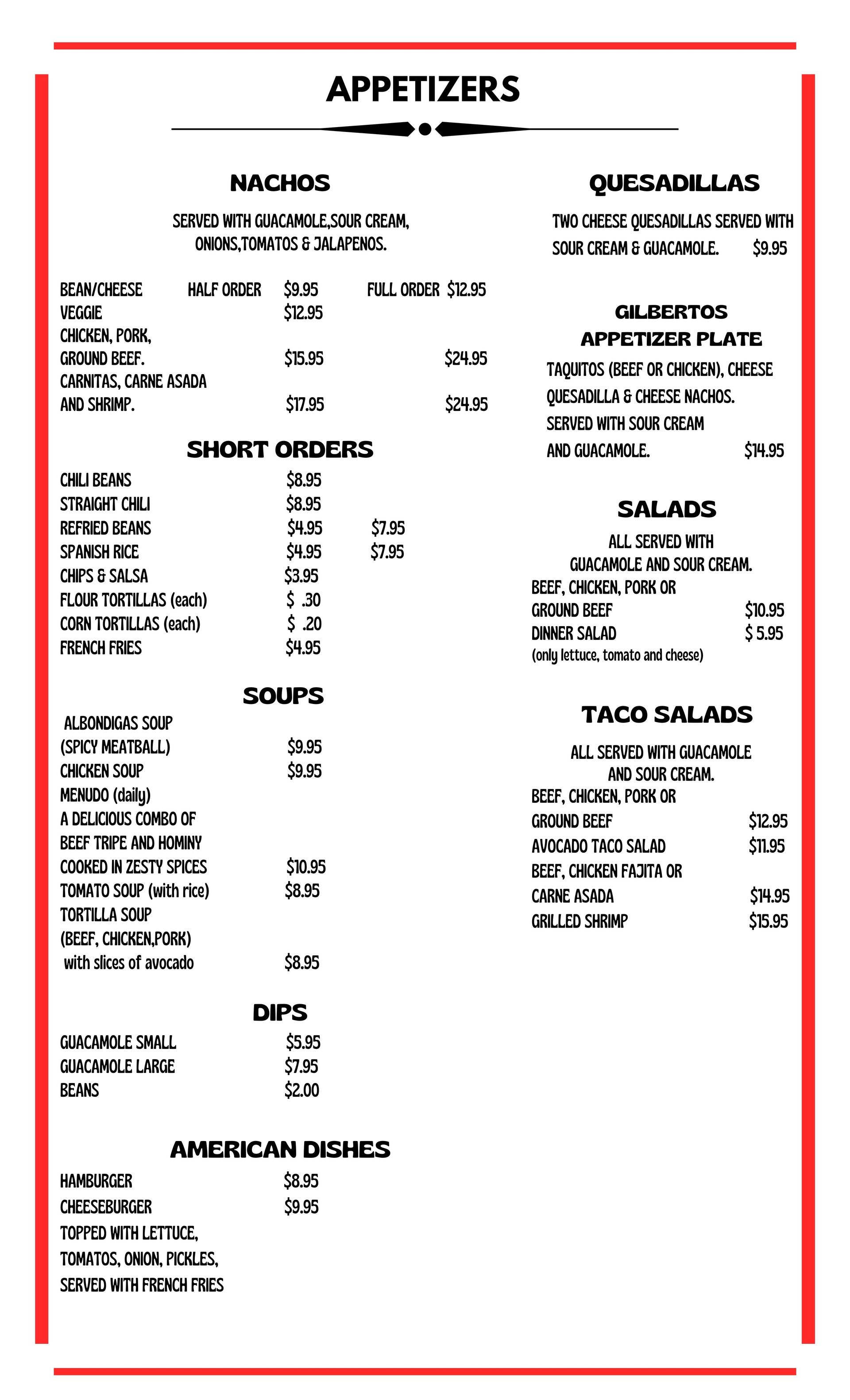 Menu | Gilbertos Mexican Restaurant | Roseburg, Oregon