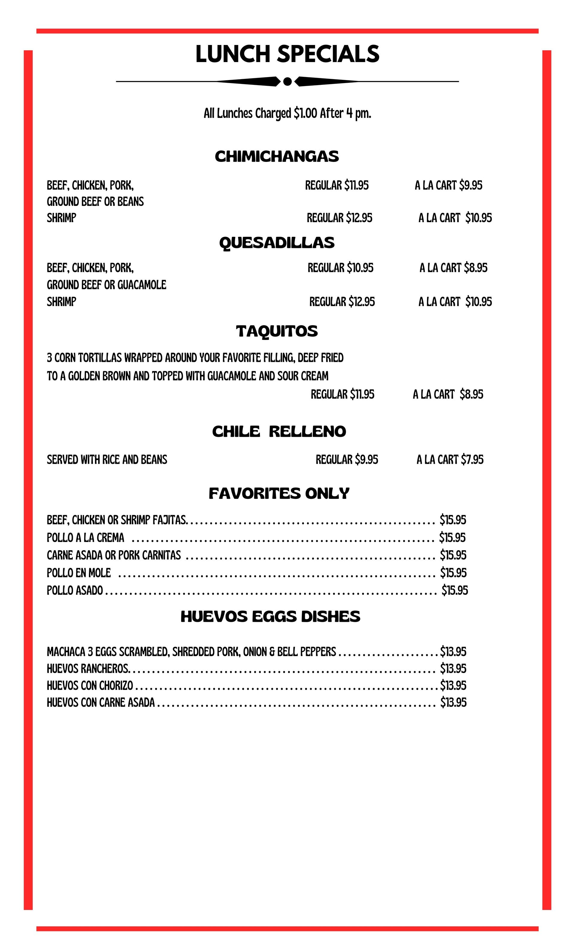 Menu | Gilbertos Mexican Restaurant | Roseburg, Oregon