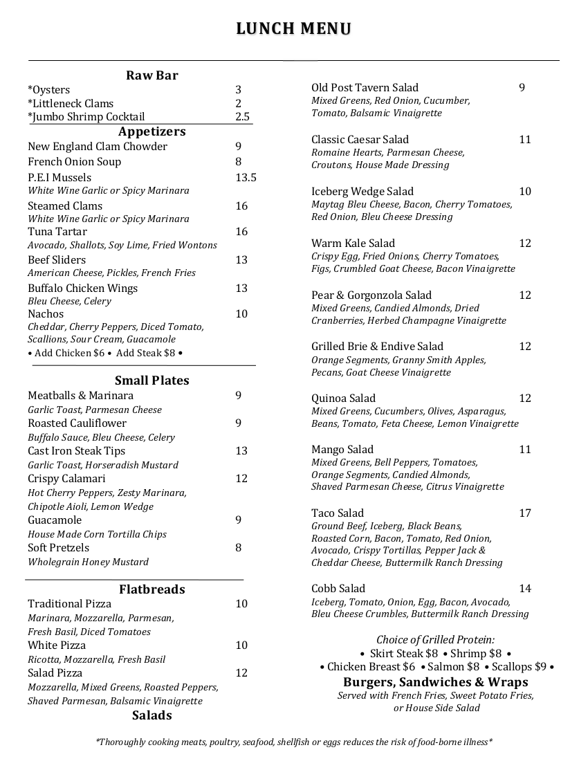 Old Post Tavern Menus | Fairfield CT