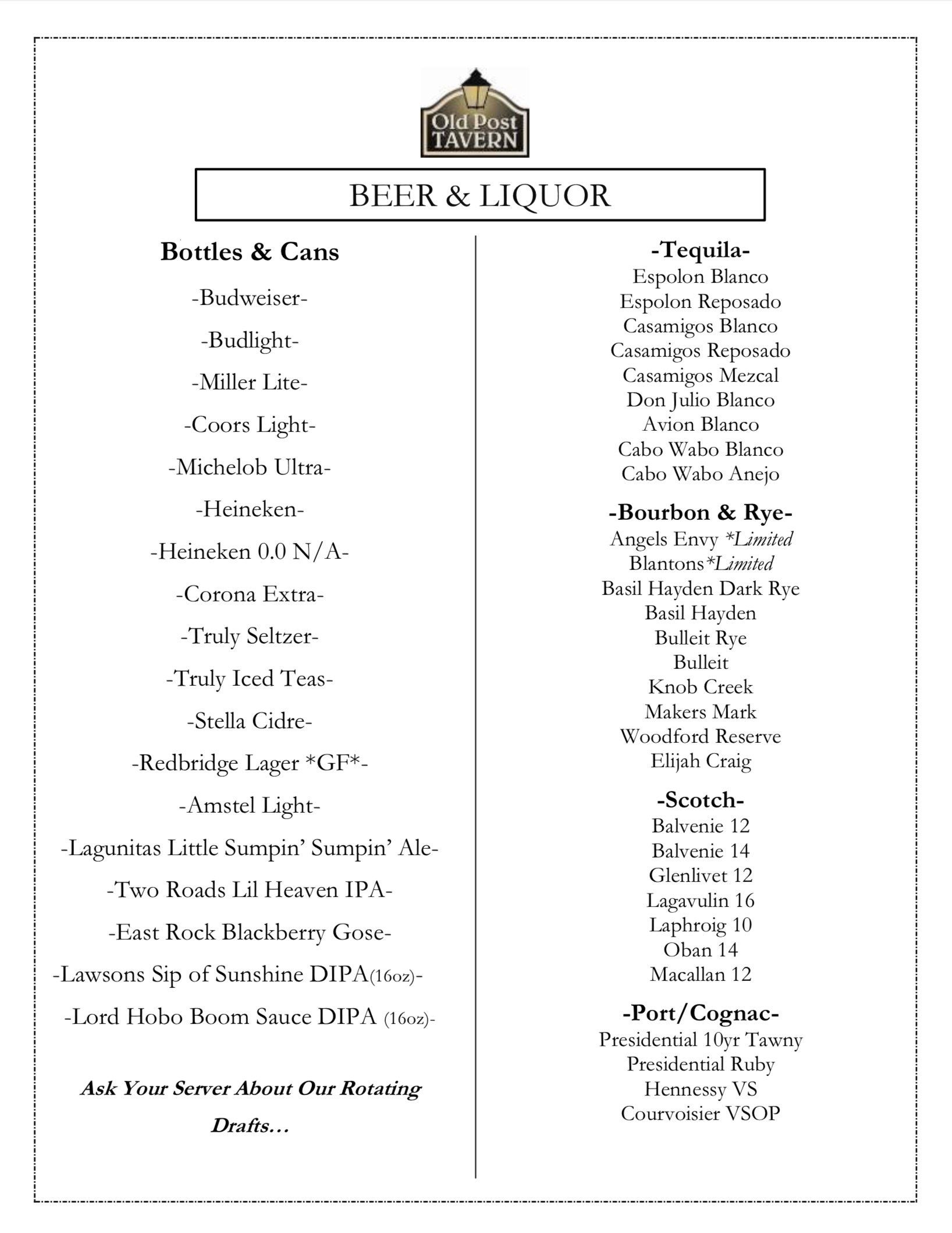 Old Post Tavern Menus | Fairfield CT