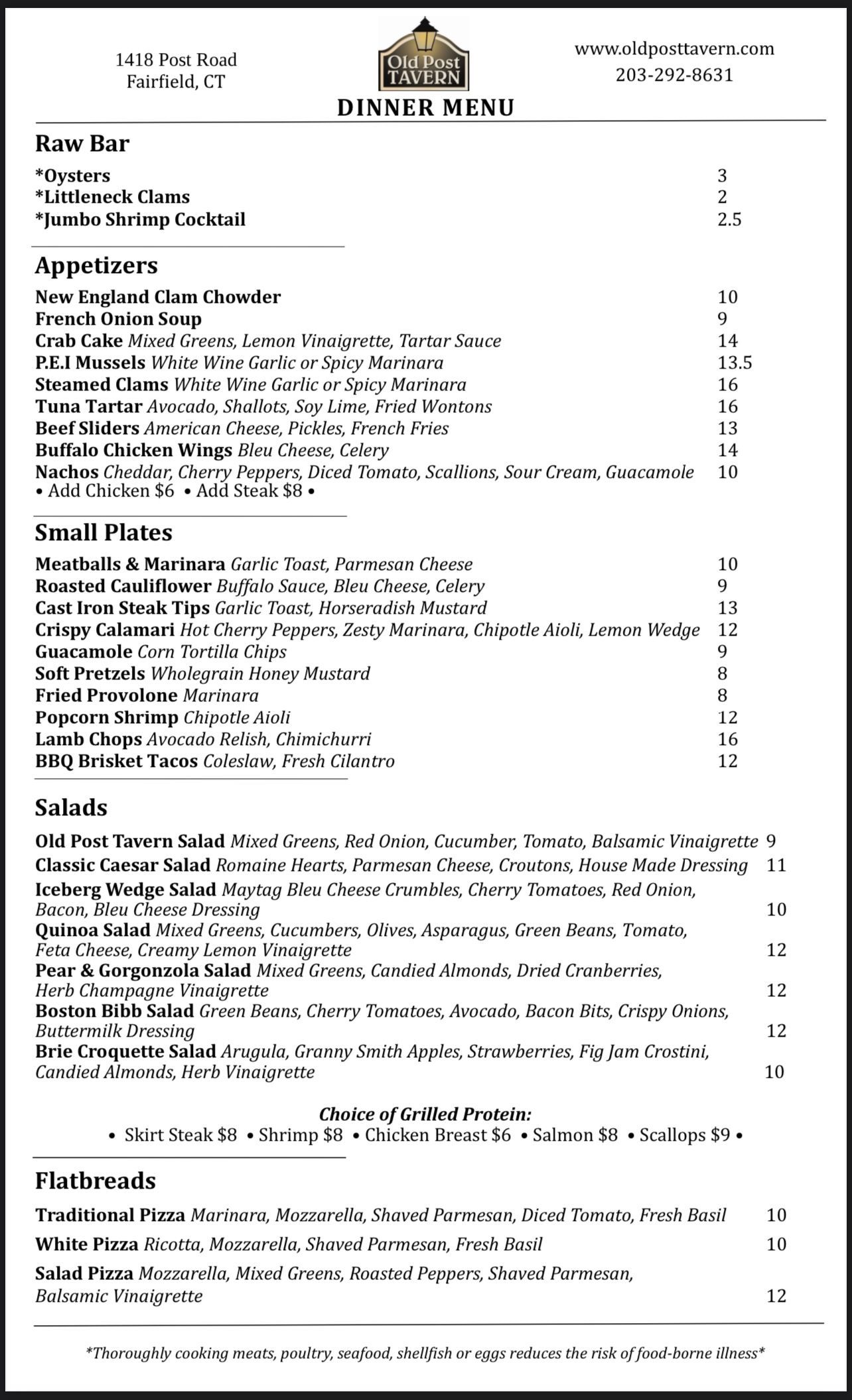 Old Post Tavern Menus | Fairfield CT