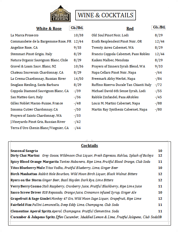 Old Post Tavern Menus | Fairfield CT