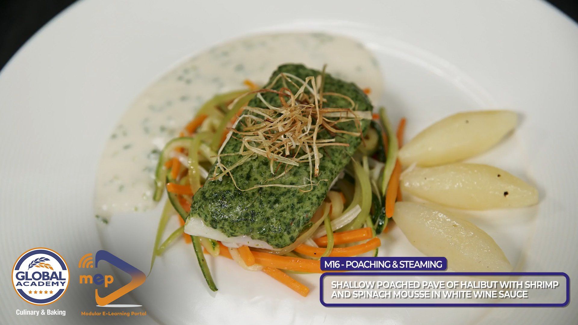 Shallow Poached Pave of Halibut with Shrimp and Spinach Mousse in White ...