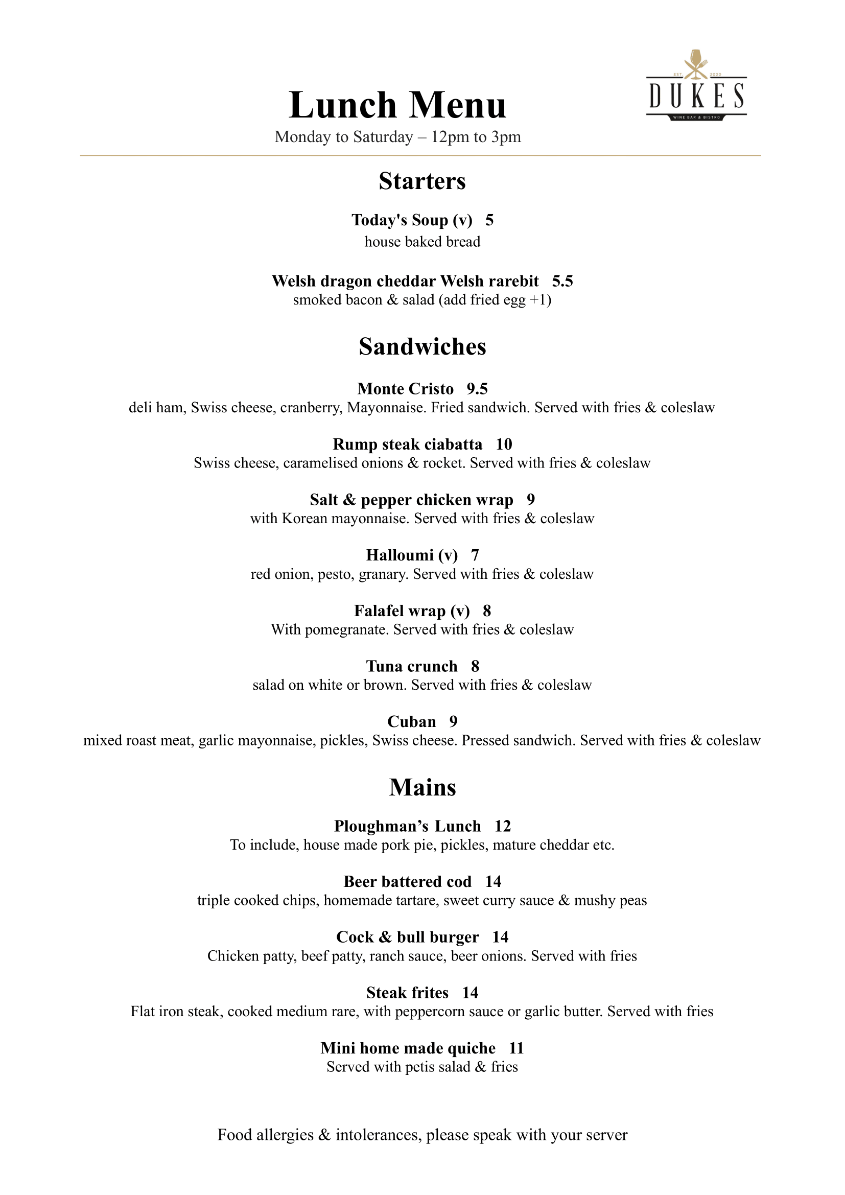Menu | Dukes Wine Bar & Bistro in Ainsdale