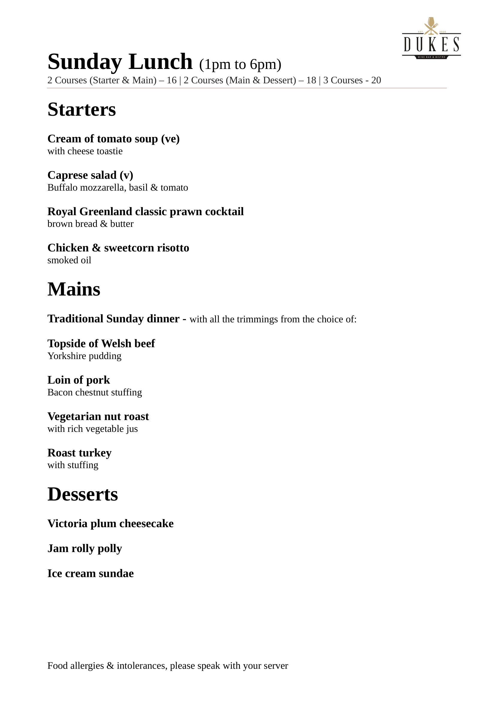 Menu | Dukes Wine Bar & Bistro in Ainsdale