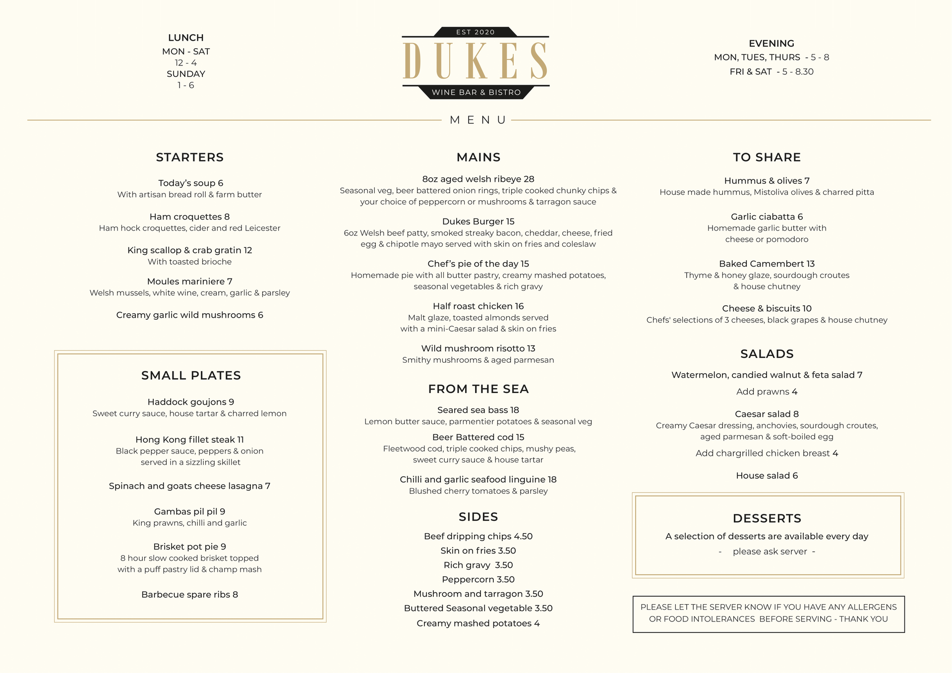 Menu | Dukes Wine Bar & Bistro in Ainsdale