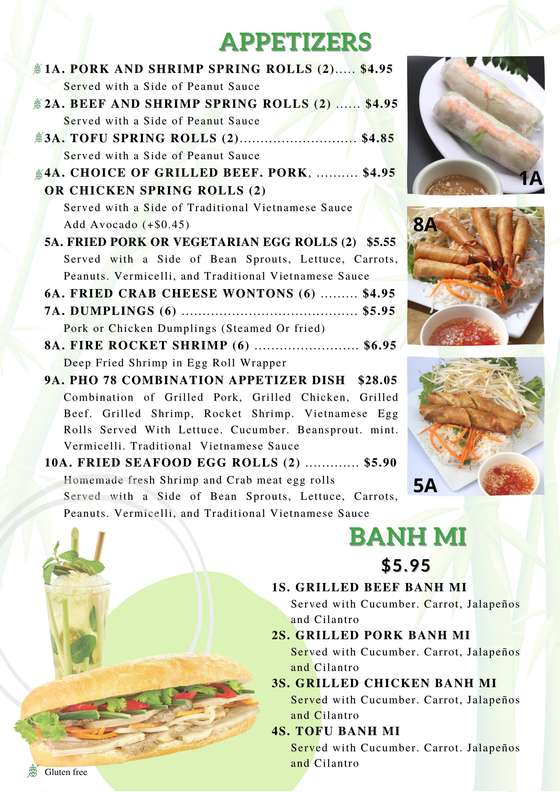 Pho78 Westminster Menu