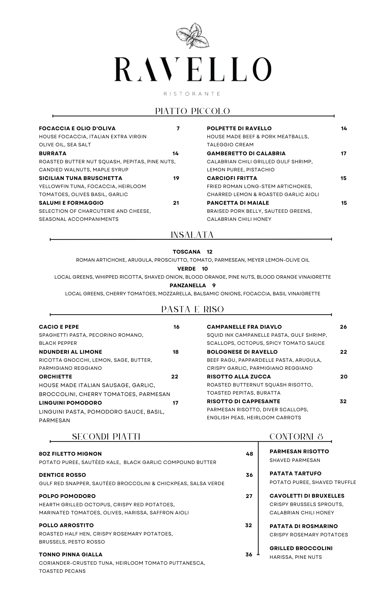 Ravello | Italian Fine Dining at Its Best | Dinner Menu