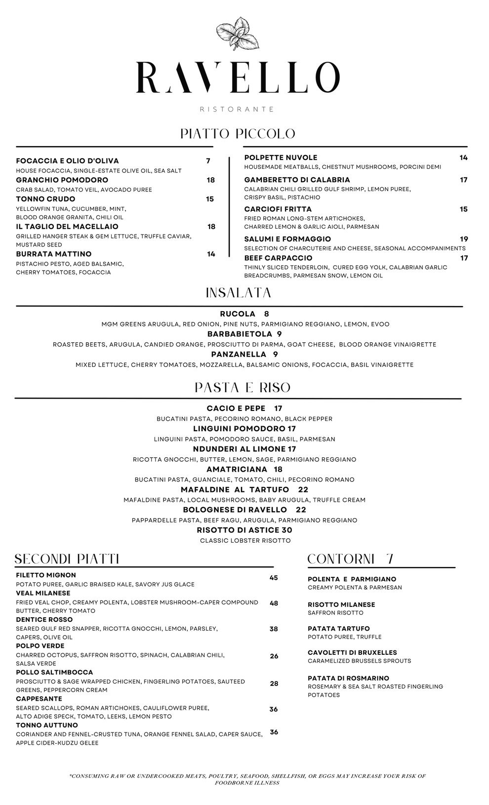 Ravello | Italian Fine Dining at Its Best | Dinner Menu