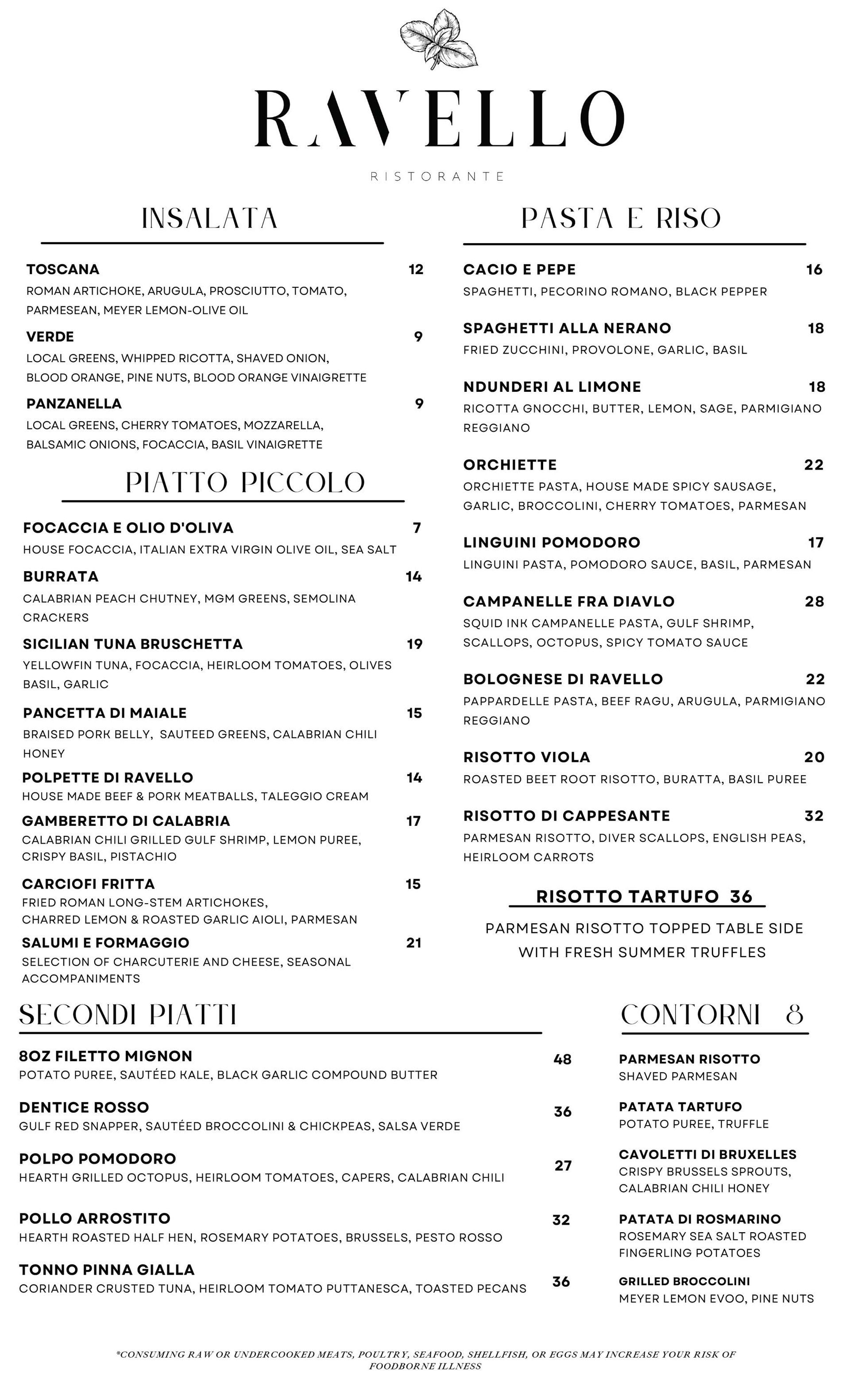 Ravello | Italian Fine Dining at Its Best | Dinner Menu