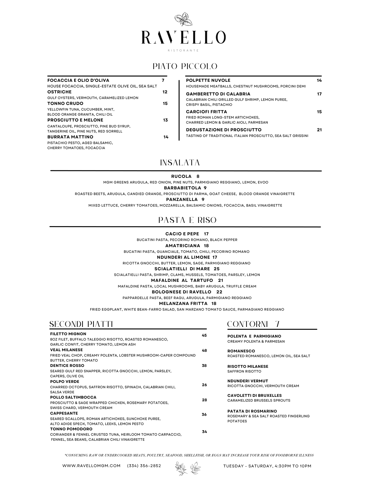 Ravello | Italian Fine Dining at Its Best | Dinner Menu