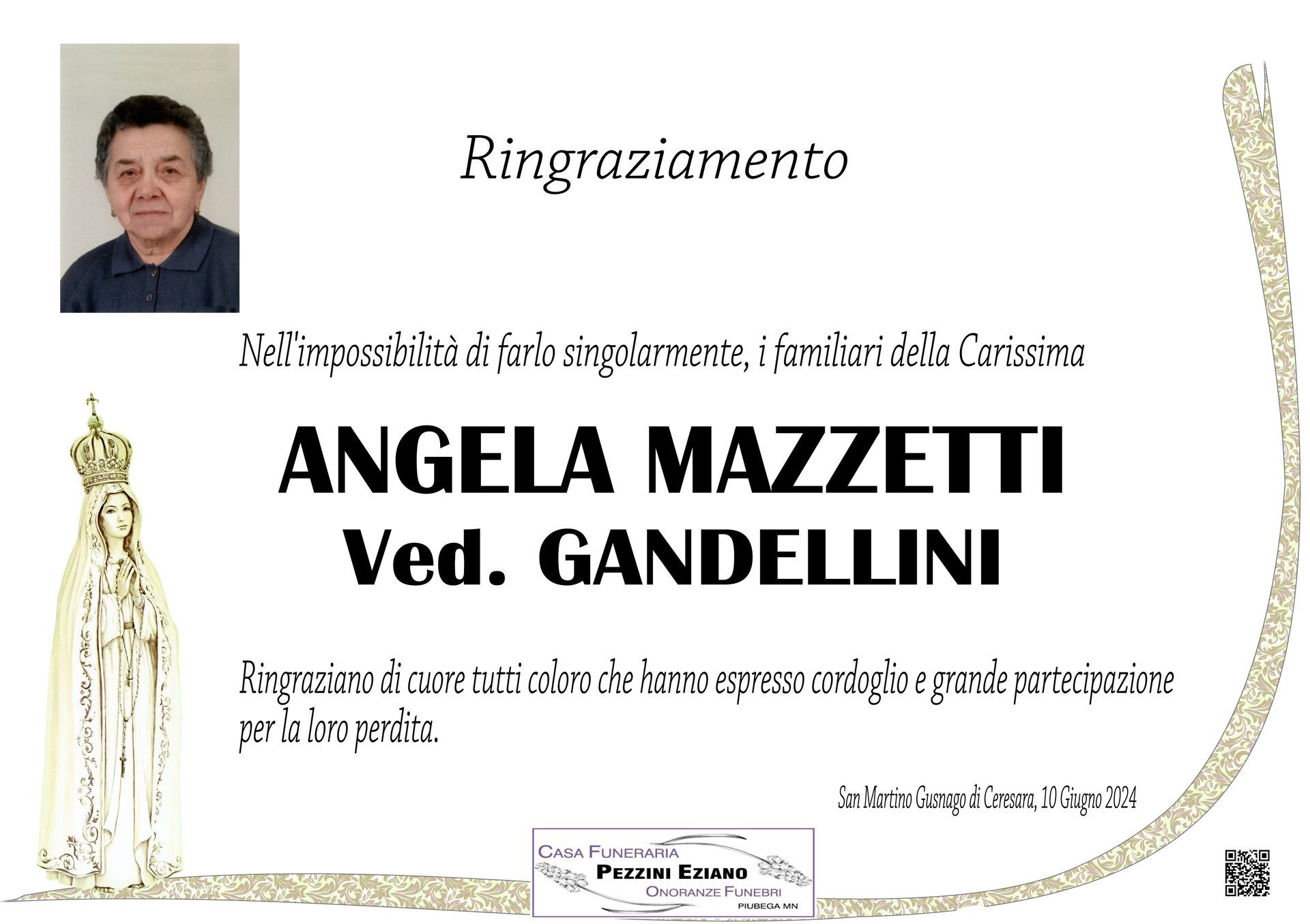 Ringraziamento Angela Mazzetti Ved. Gandellini