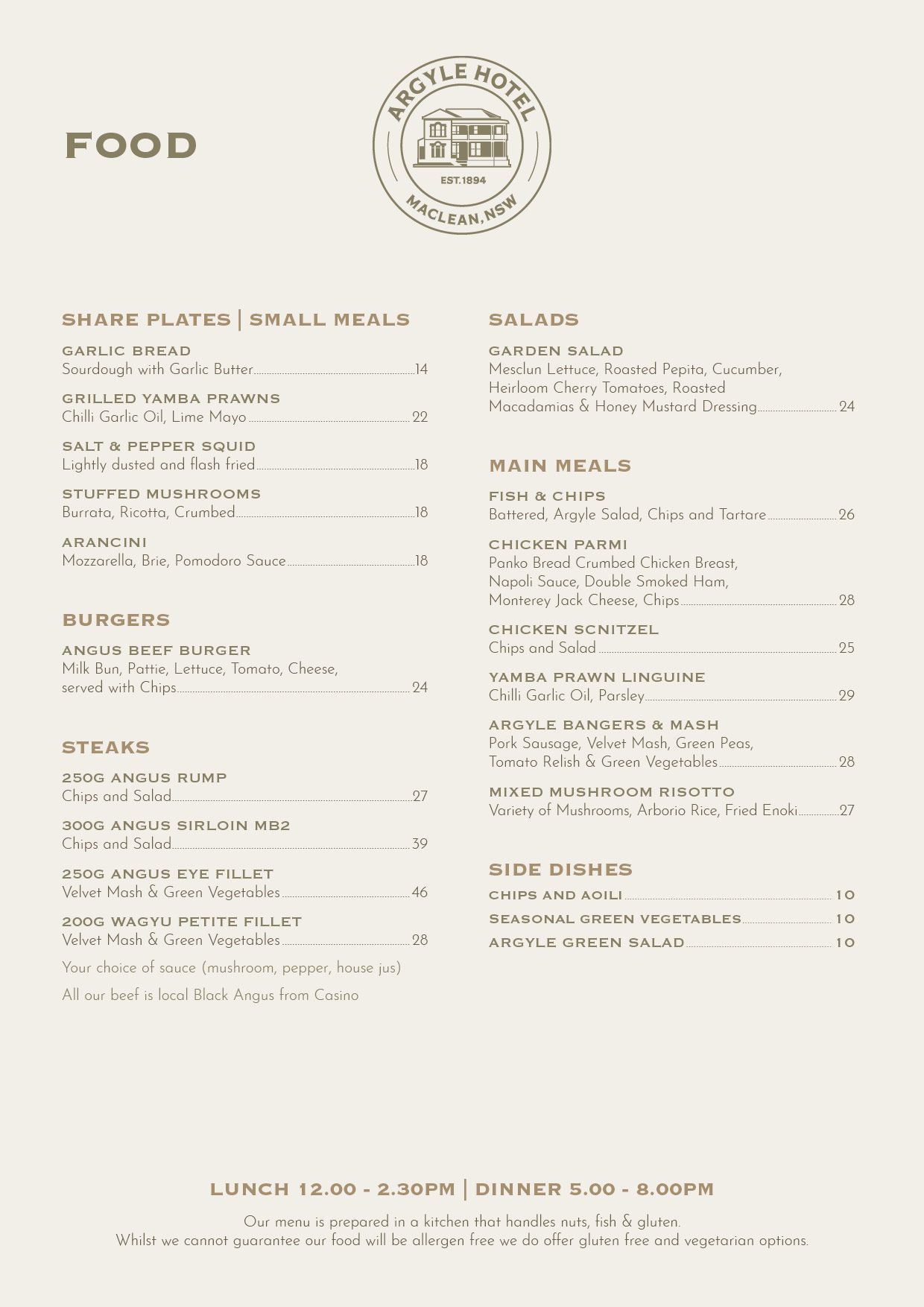 Menu | Argyle Hotel Maclean