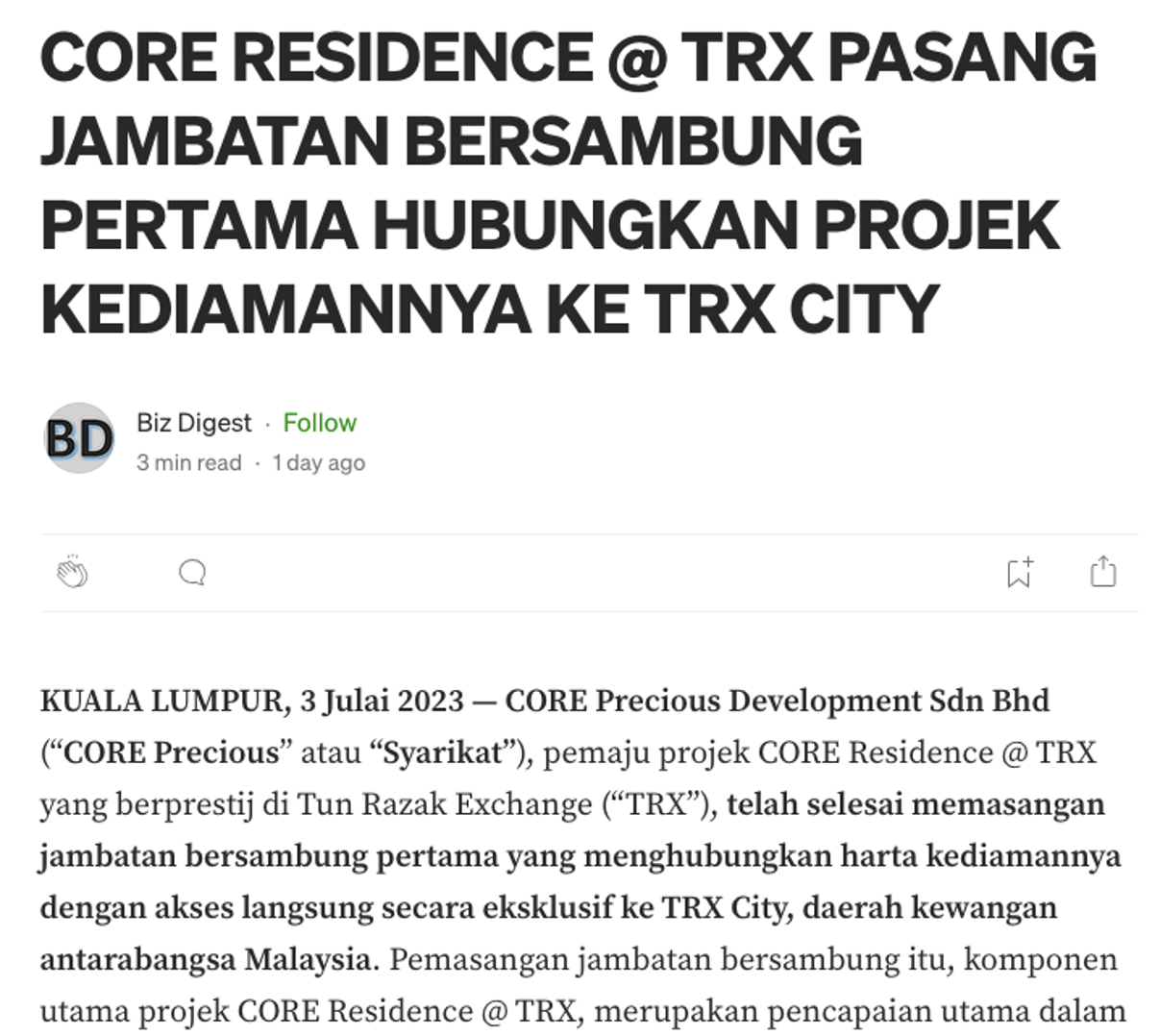 CORE RESIDENCE @ TRX PASANG JAMBATAN BERSAMBUNG PERTAMA HUBUNGKAN PROJEK KEDIAMANNYA KE TRX CITY