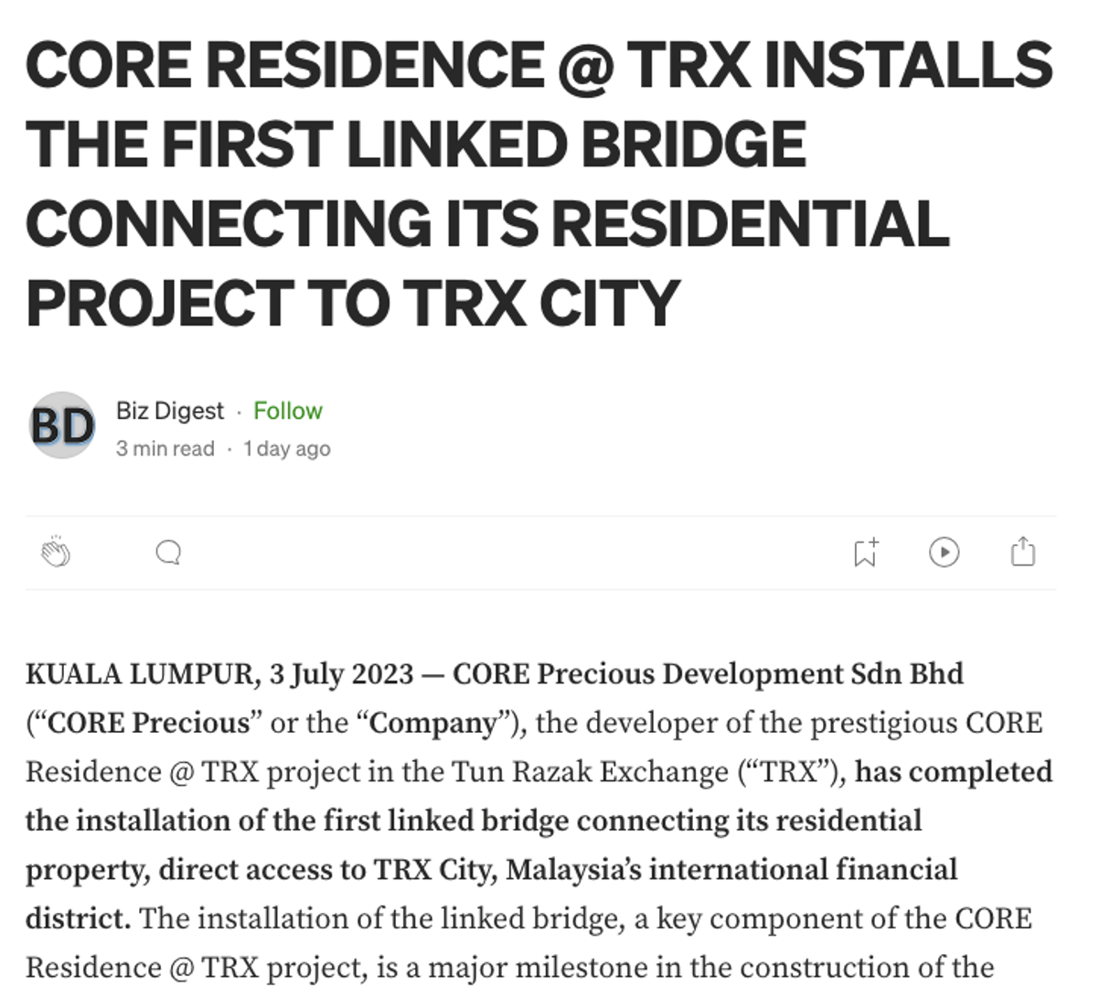 CORE RESIDENCE @ TRX INSTALLS THE FIRST LINKED BRIDGE CONNECTING ITS ...
