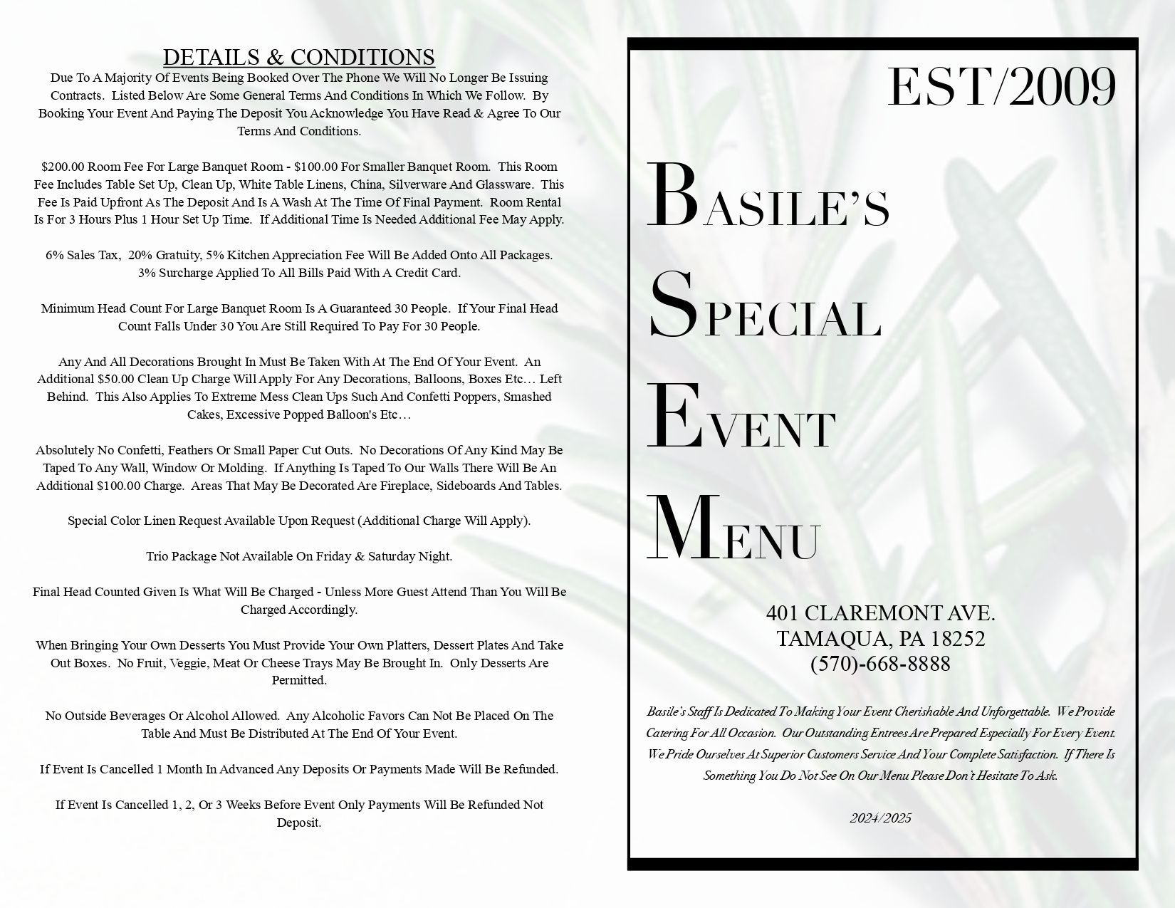 Special Occasion Menu - Basile Italian Delight Restaurant