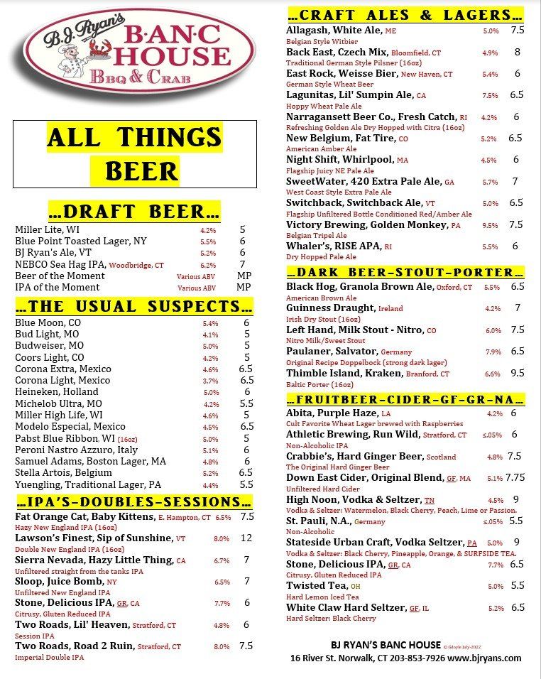 B·AN·C House Menu | Ph. 203-853-7926 | Norwalk, CT
