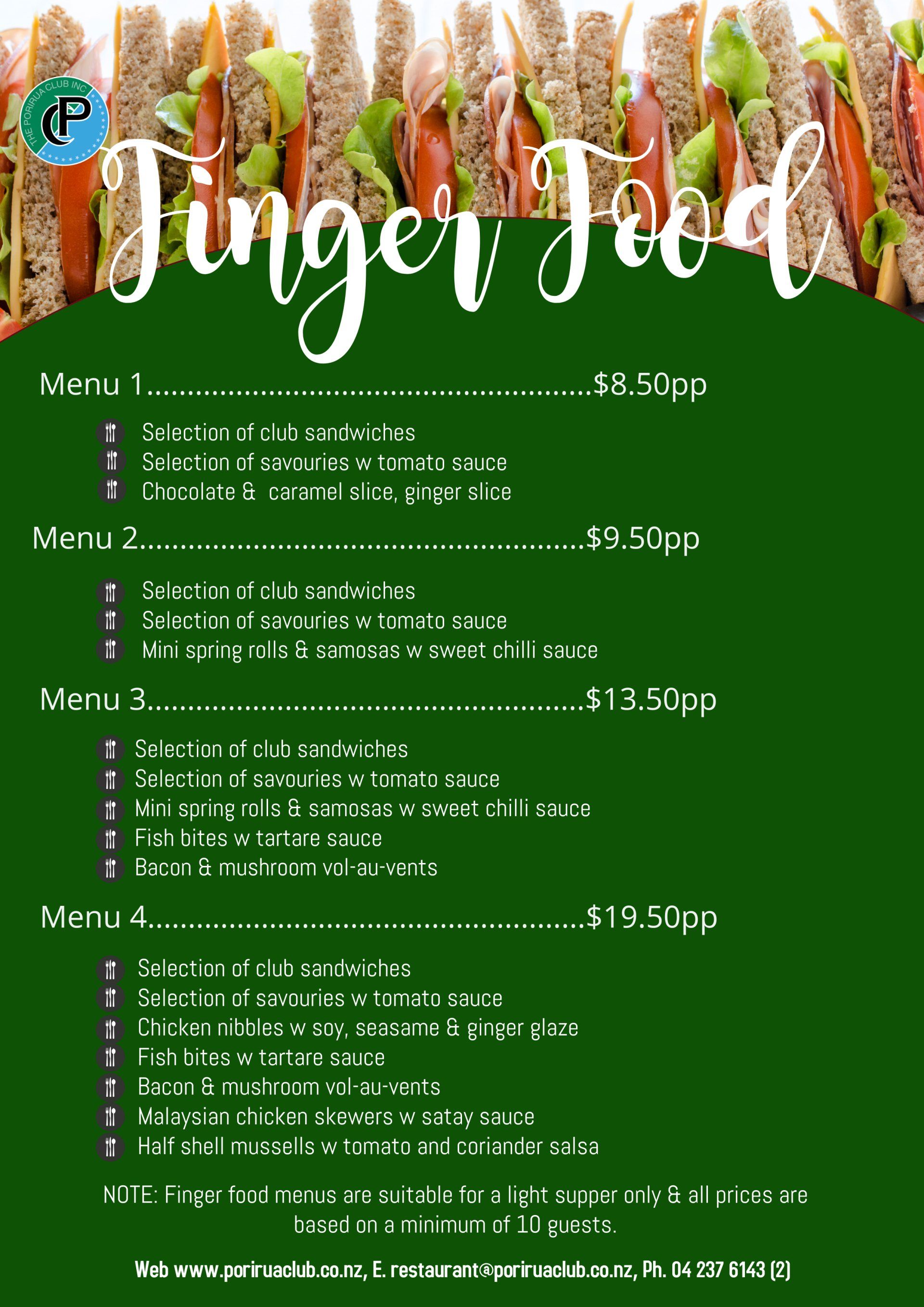Function Room Menus at The Porirua Club