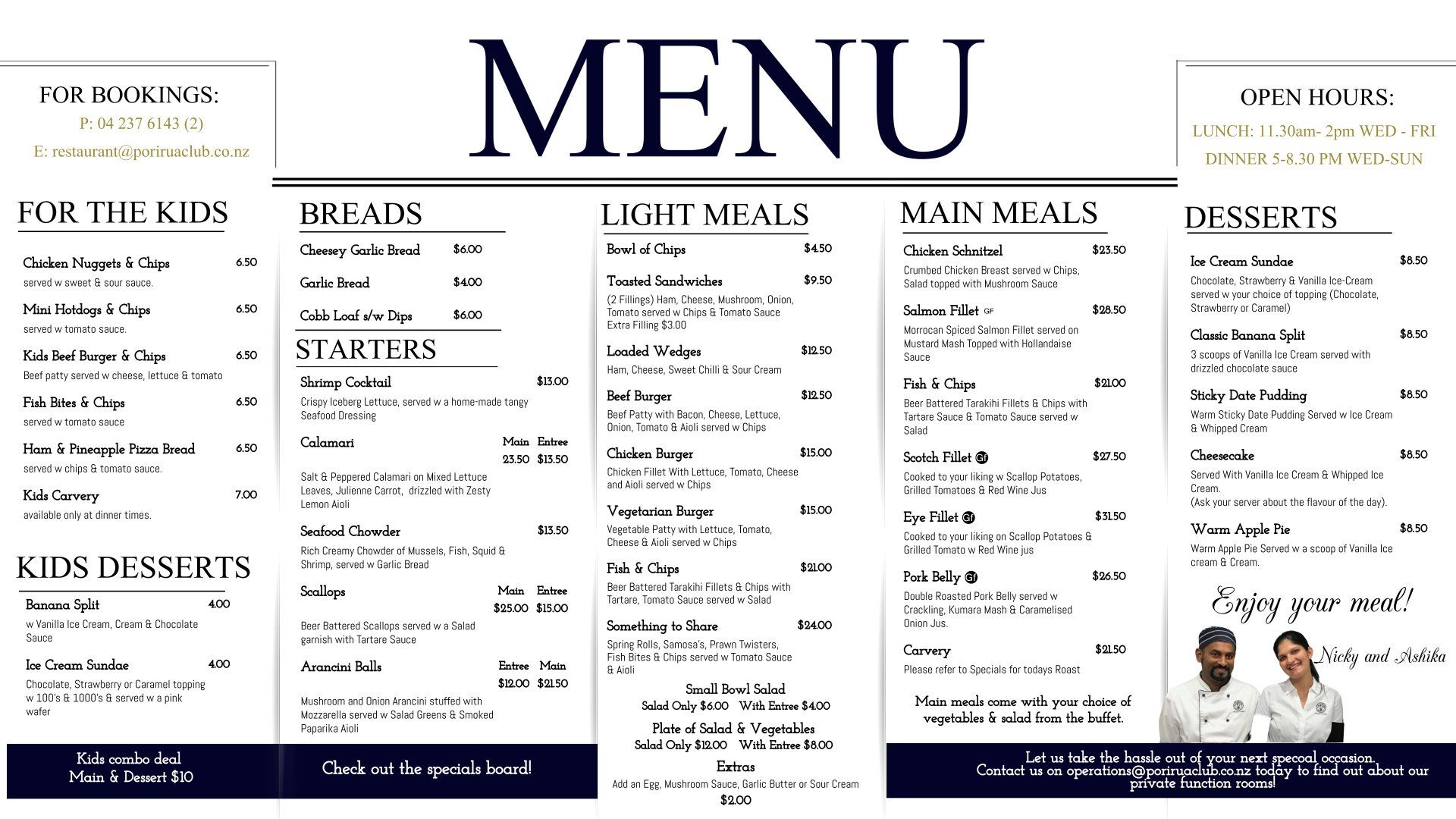 Function Room Menus at The Porirua Club