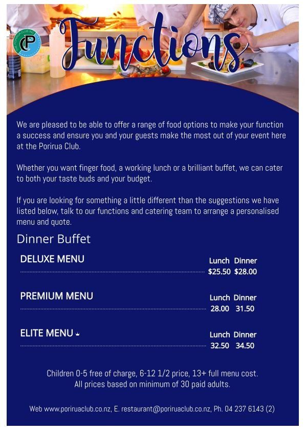 Function Room Menus at The Porirua Club