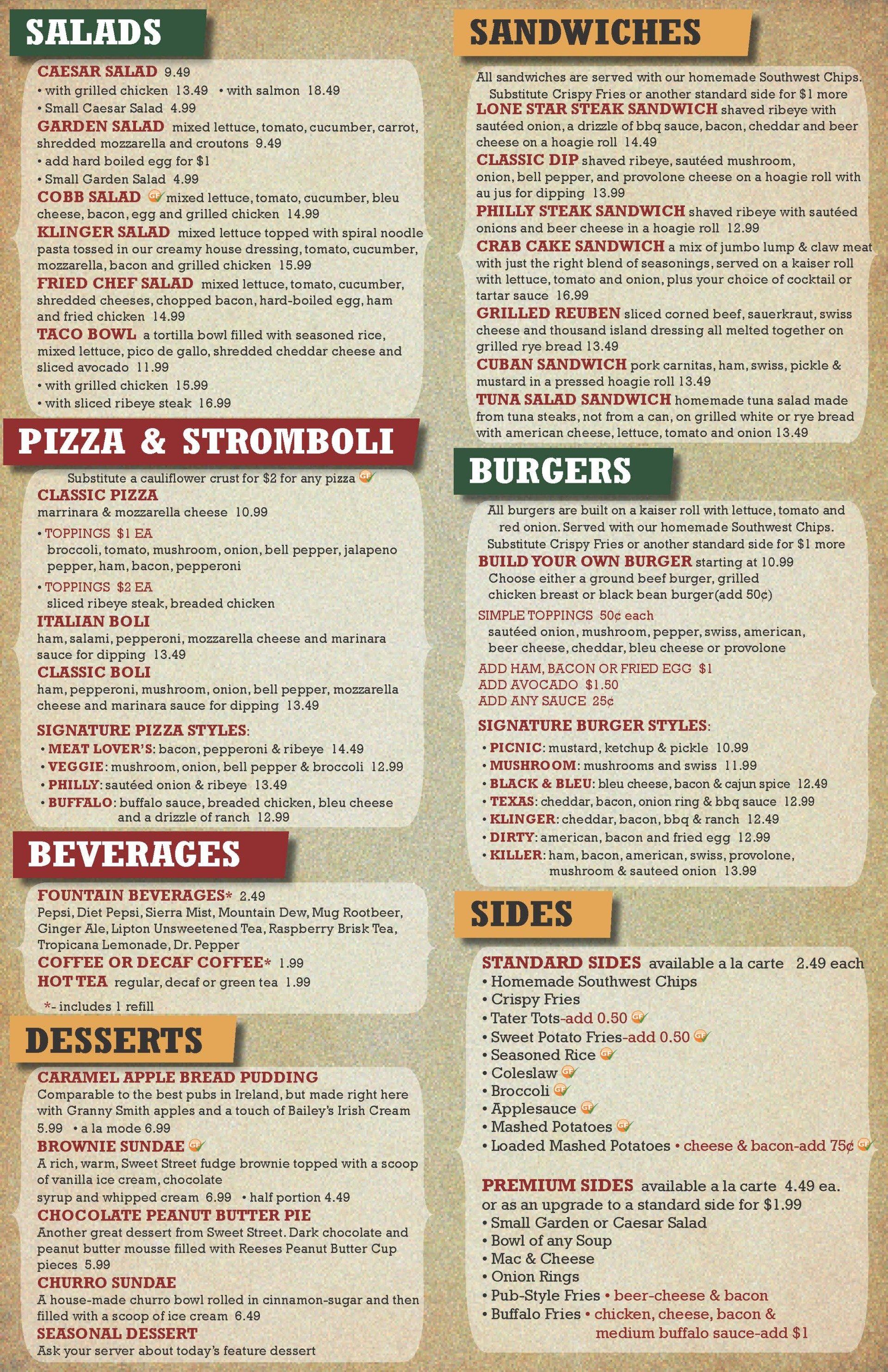 Klinger's at the Airport Menu