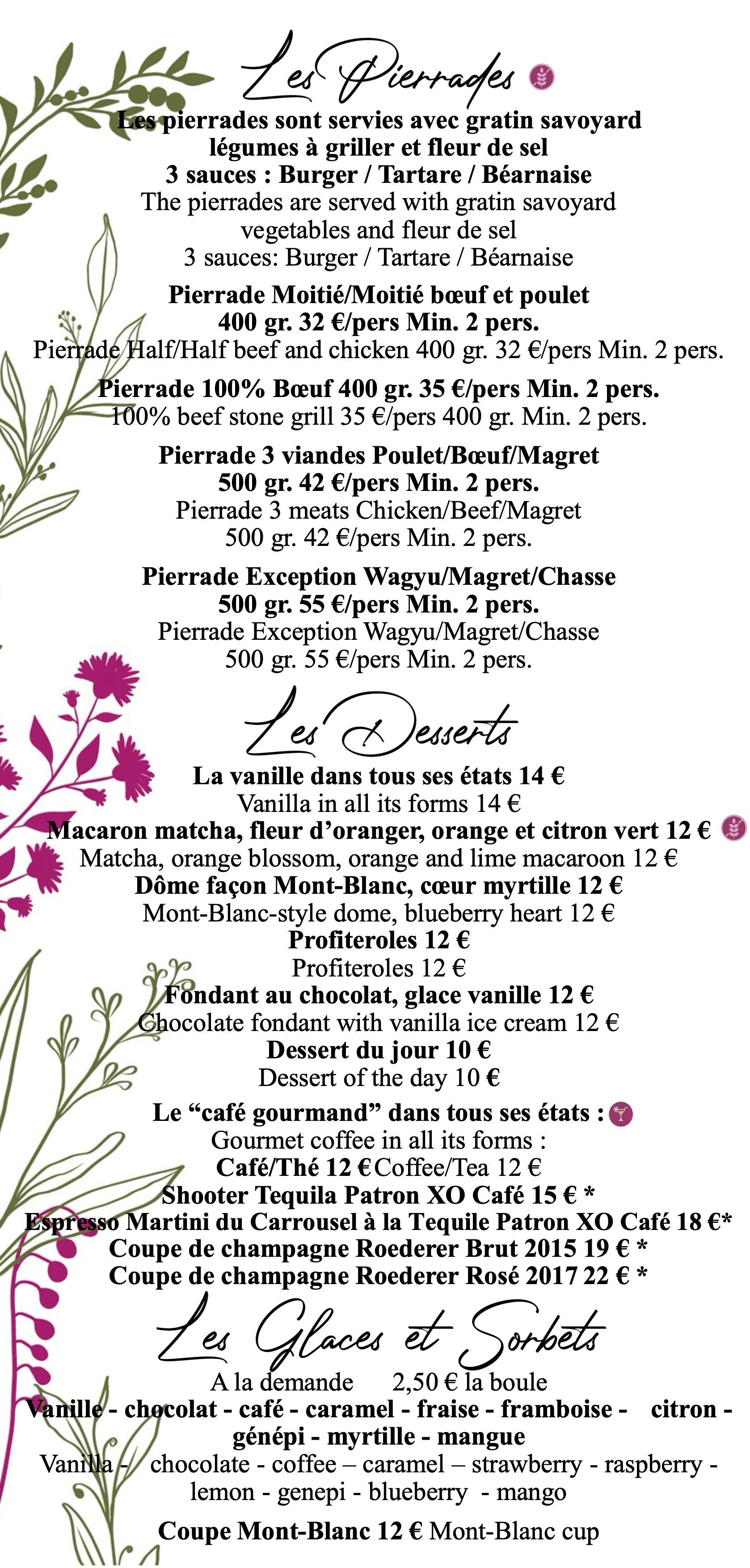 Menu - restaurant Carrousel Chamonix