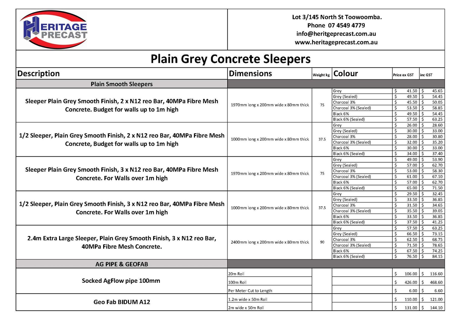 Price List - Heritage Precast