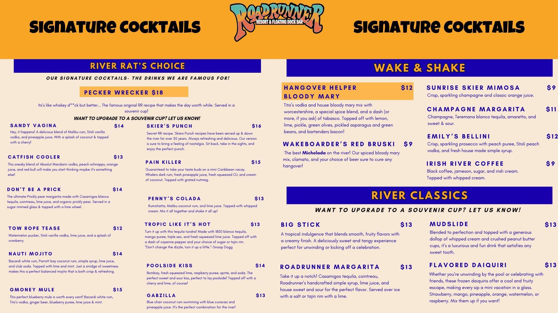 Menu | Roadrunner Resort & Floating Dock Bar | Parker, AZ