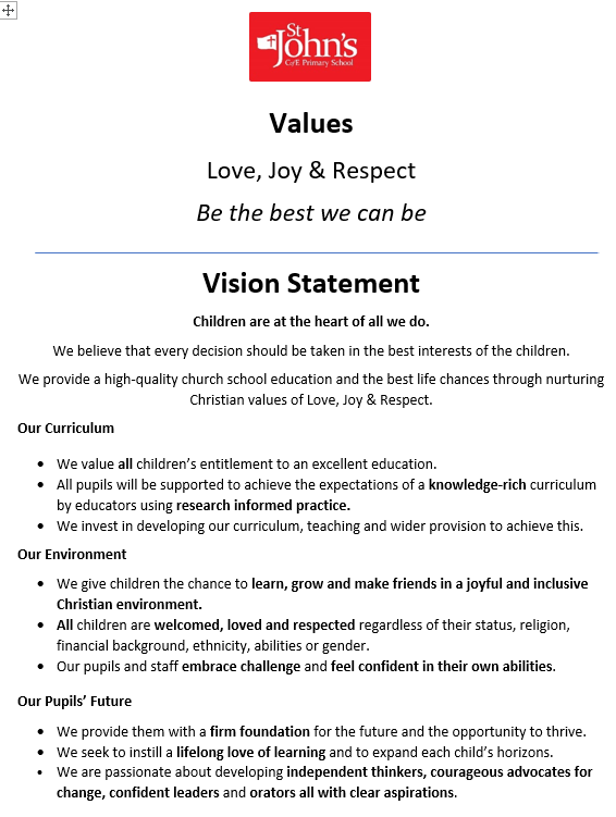 Our School's Values and Ethos