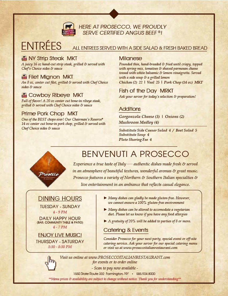 Menu | Italian Cuisine | Rochester, NY | Prosecco Italian Restaurant