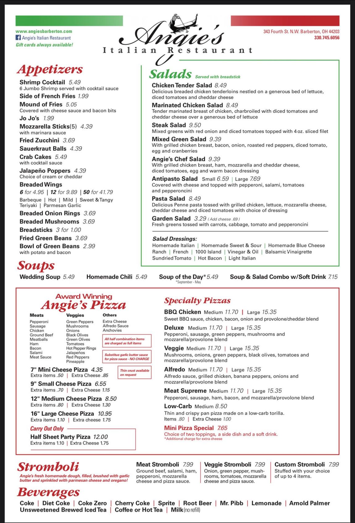 Angie's Italian Restaurant Menu - Classic Italian Fare in Barberton, OH