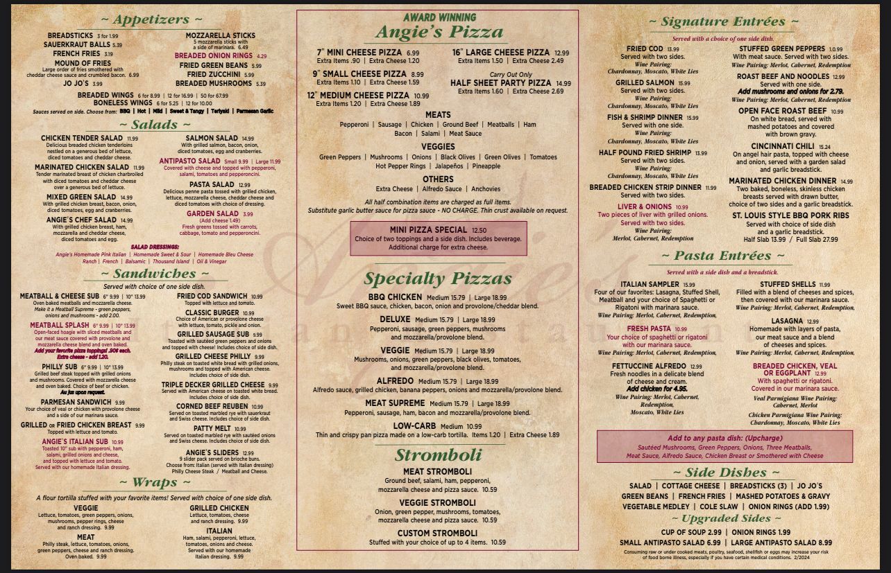 Angie's Italian Restaurant Menu - Classic Italian Fare in Barberton, OH