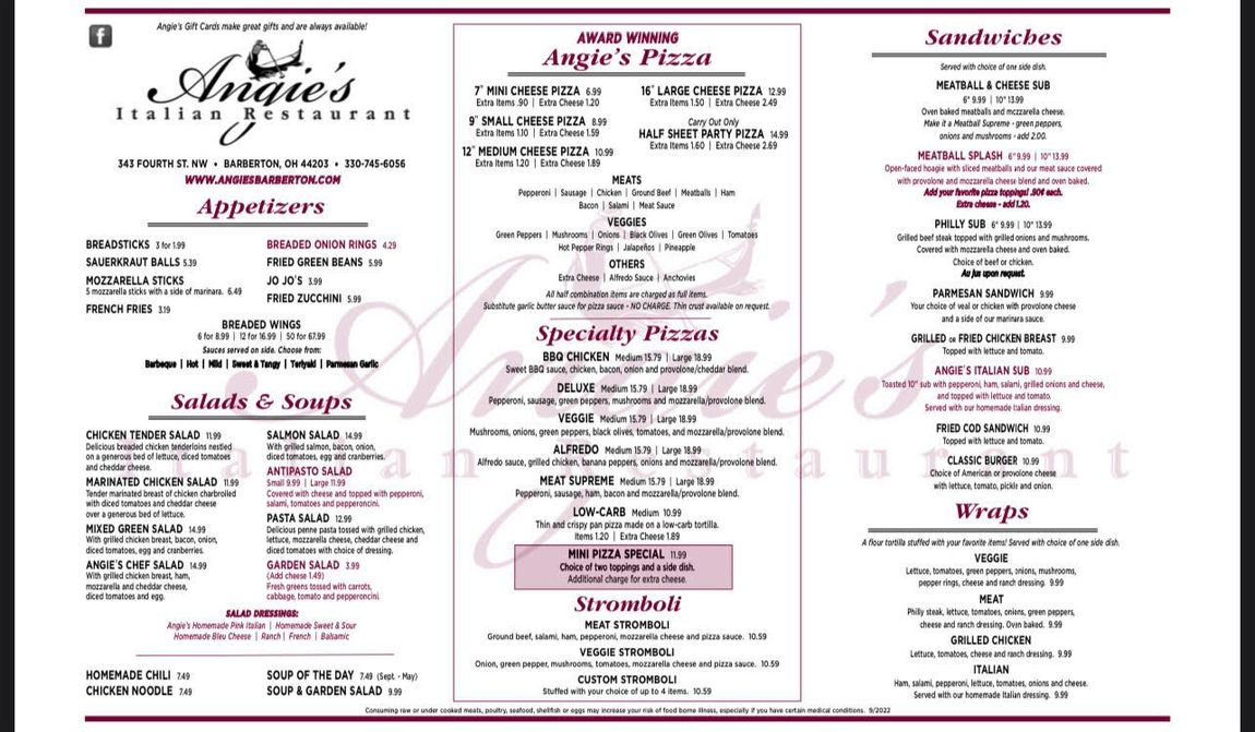 Angie's Italian Restaurant Menu - Classic Italian Fare in Barberton, OH