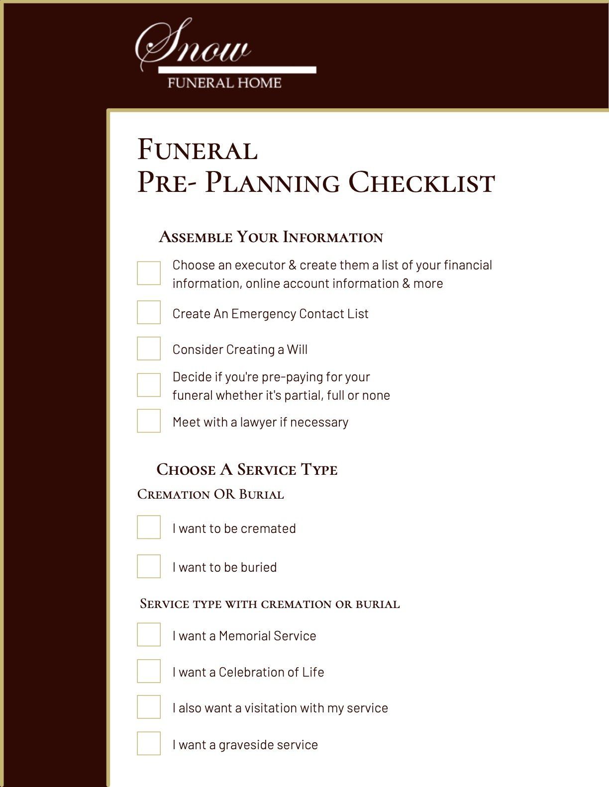 Funeral Pre Planning Guide FREE Pre Planning Checklist 