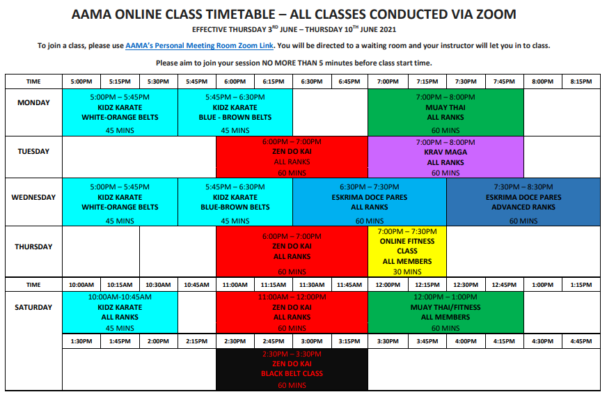 Online Class Timetable 3 June-10 June 2021