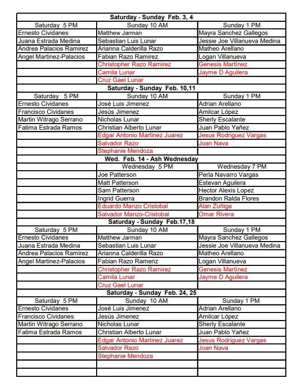 Altar Server Schedule